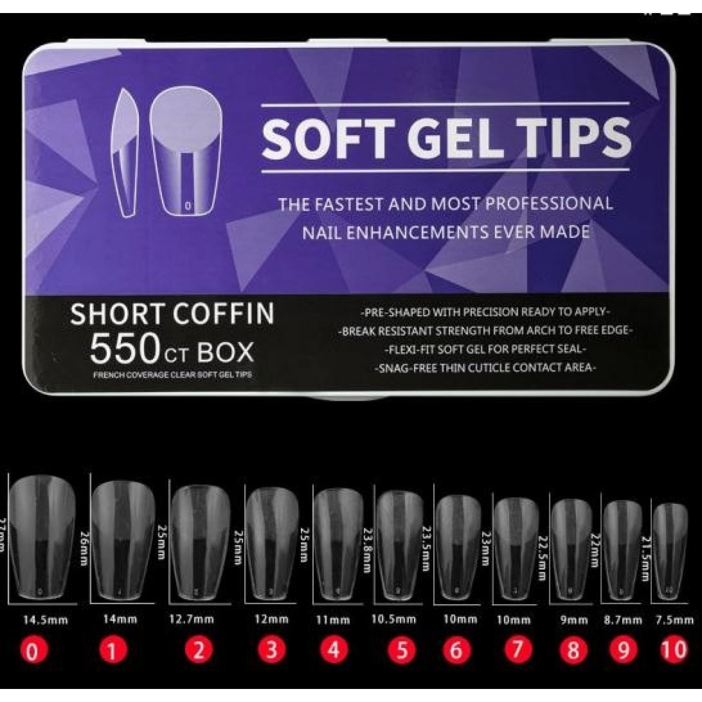 Soft Gel Tips Short Coffin 11 Sizes 550pcs